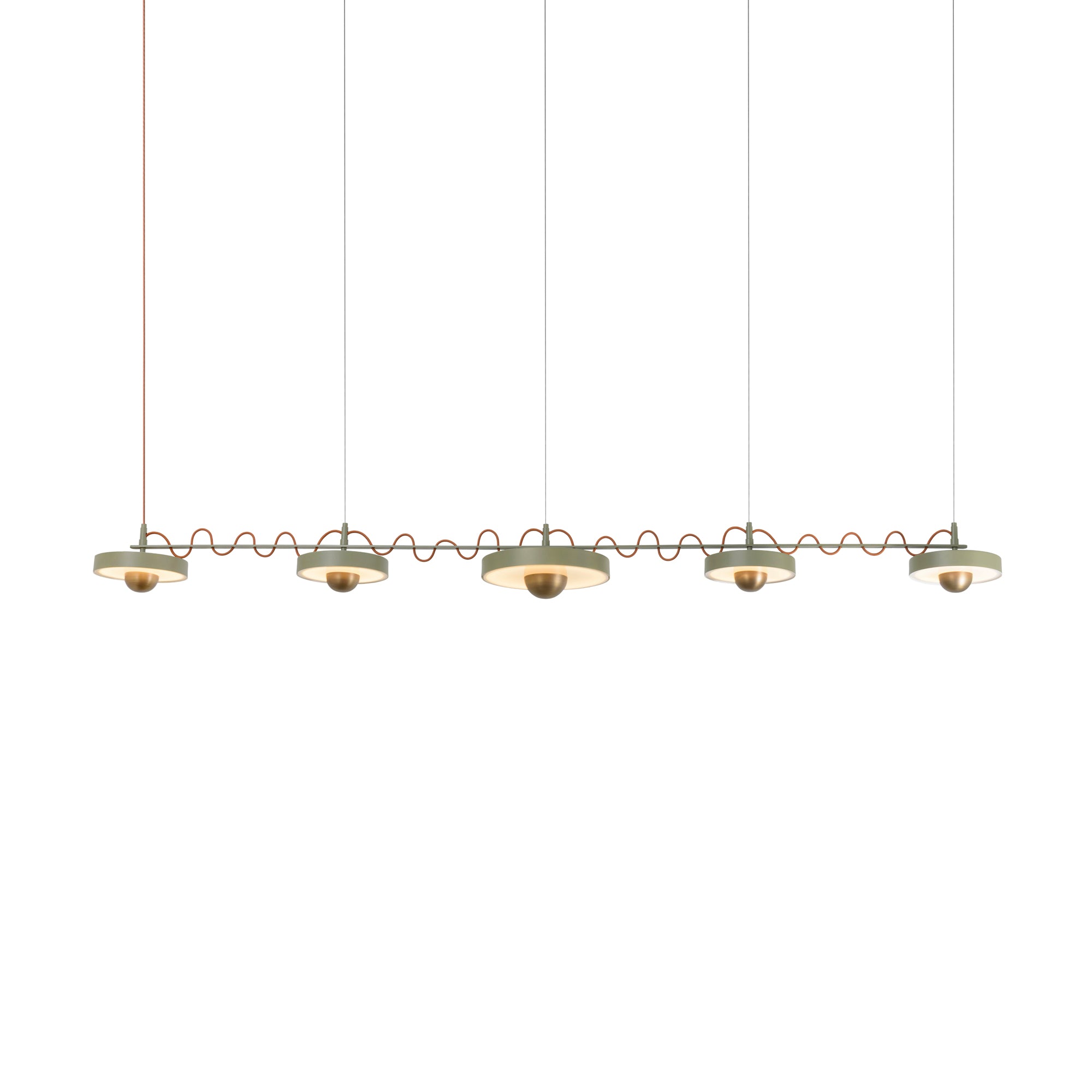 Zigzag pendant light with 5 lights, microtextured green finish, brushe ...